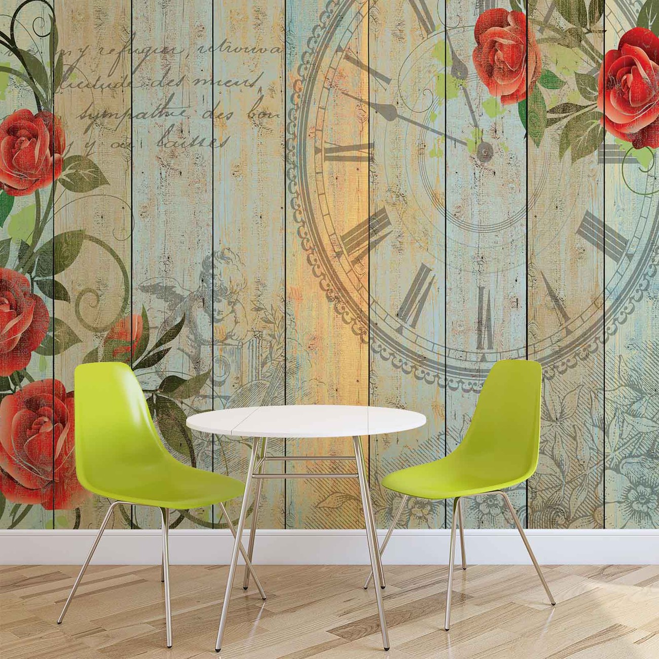 Roses Clock Wood Planks Vintage Wall Paper Mural | Buy at EuroPosters
