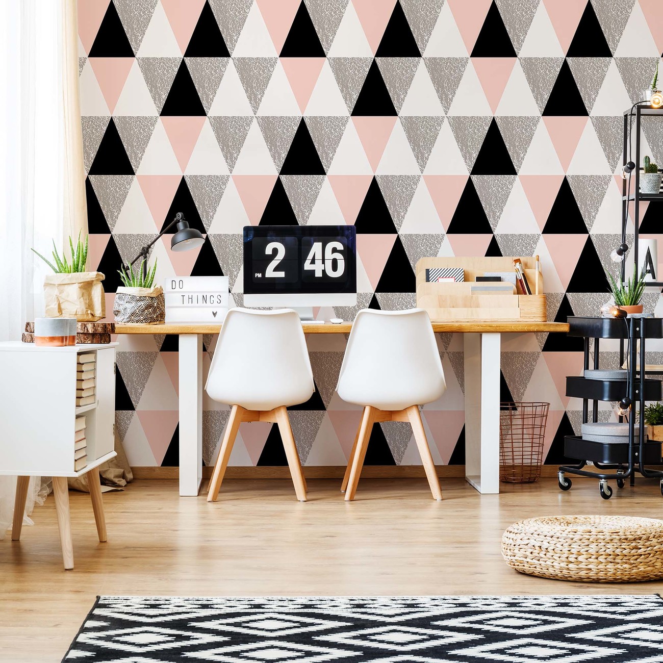 Modern Pink And Black Geometric Triangle Pattern Wall Paper Mural | Buy ...