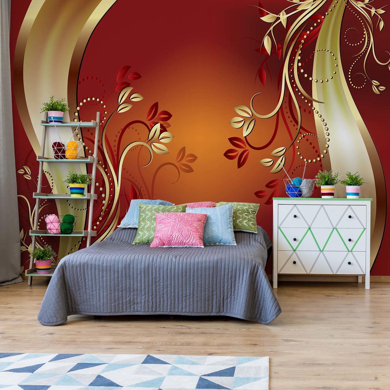 Luxury Ornamental Floral Design Orange Wall Mural | Buy online at ...