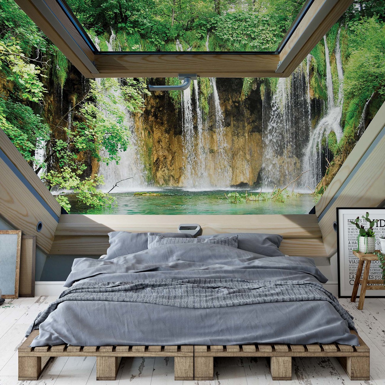 Waterfall 3D Skylight Window View Wall Mural | Buy online at Europosters