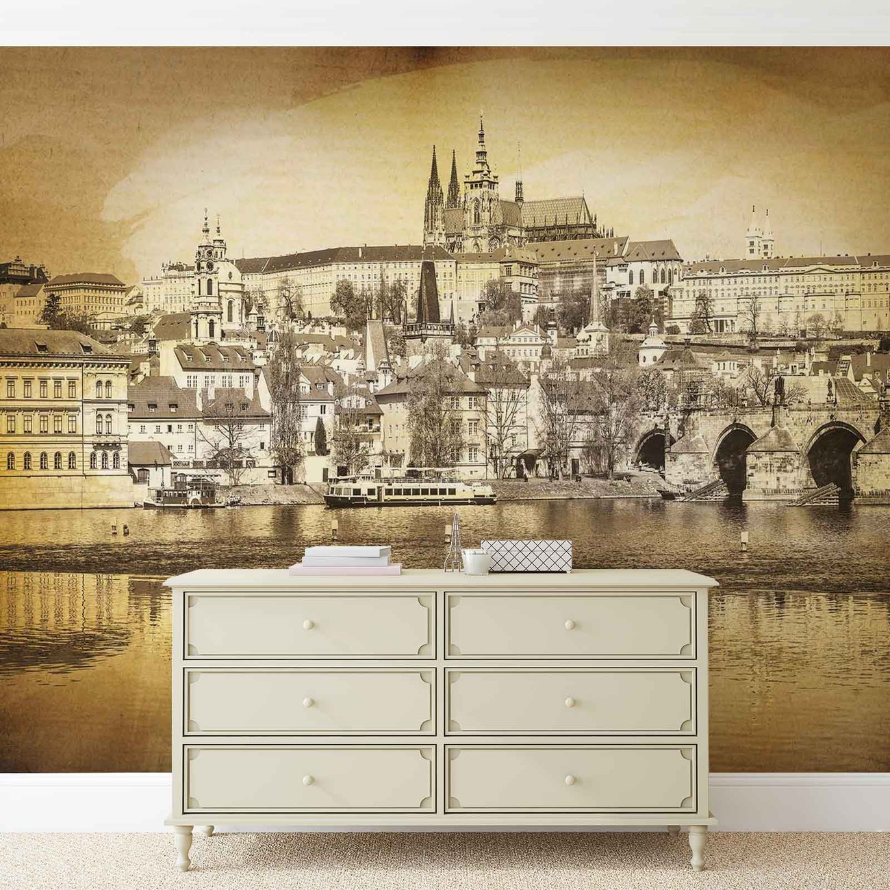 City Prague Bridge Cathedral River Sepia Wall Paper Mural | Buy at ...