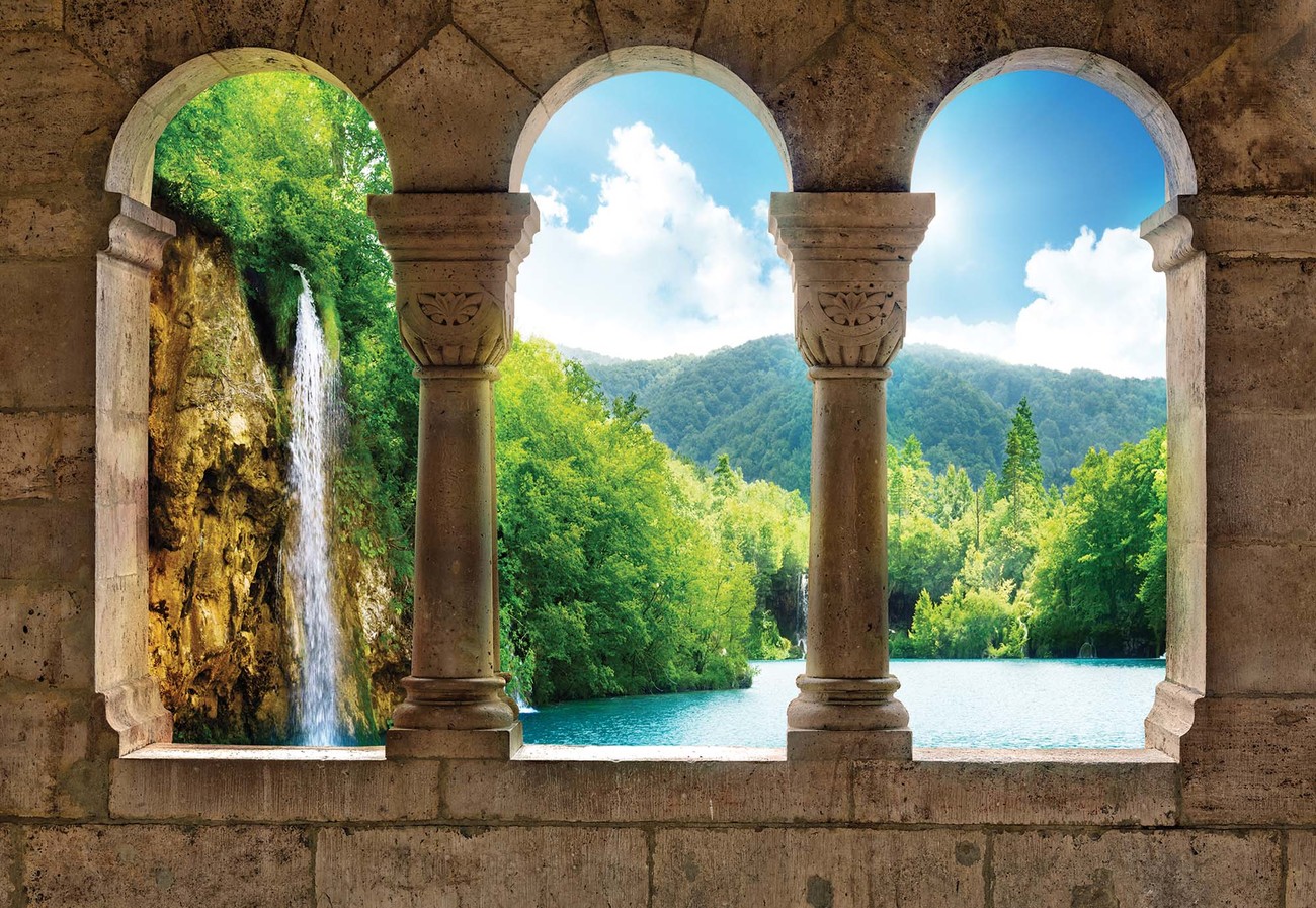 Lake Waterfall View Through Stone Arches Wall Paper Mural | Buy at ...