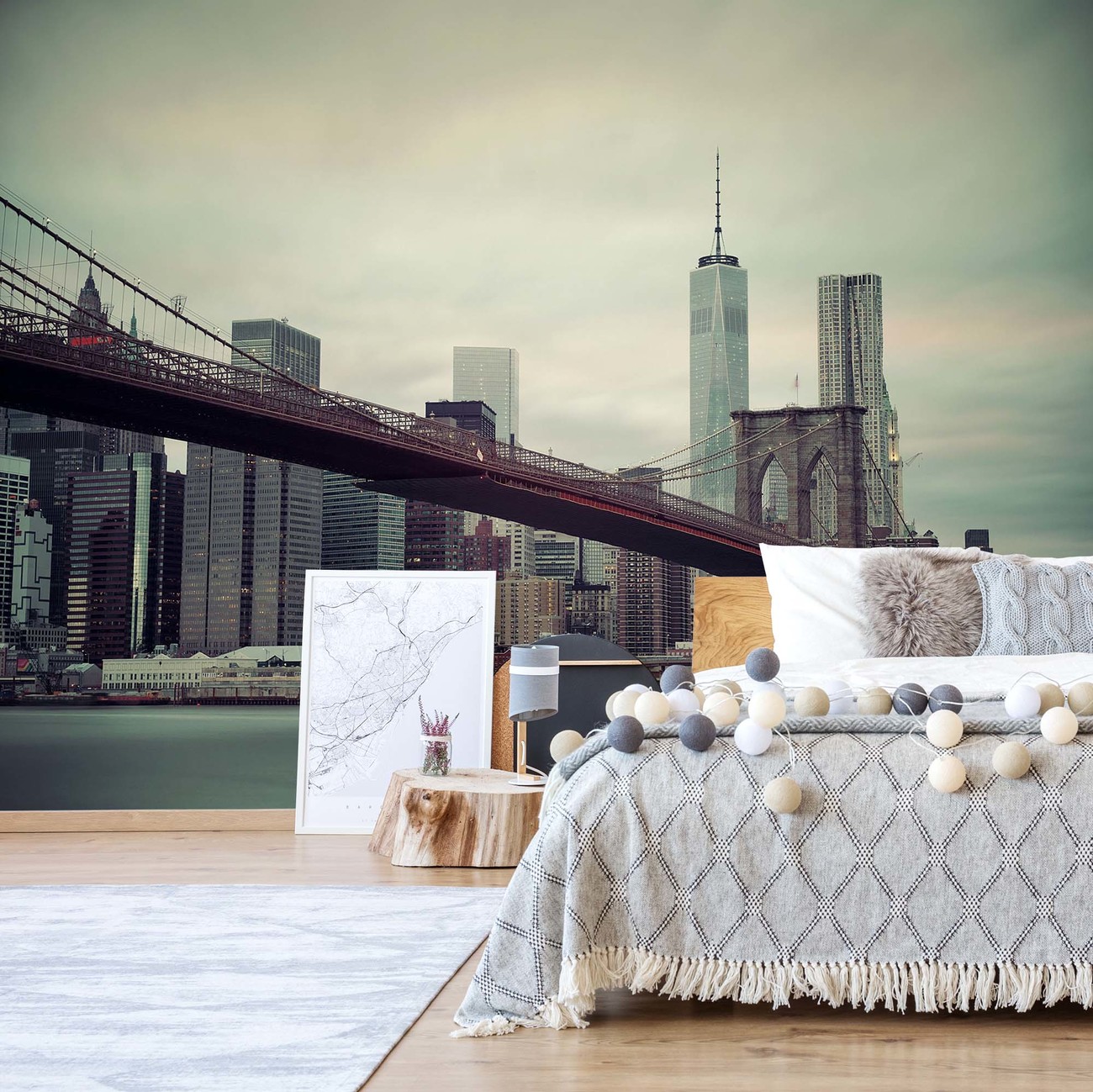 Sepia New York City Skyline Brooklyn Bridge Wall Paper Mural | Buy at ...