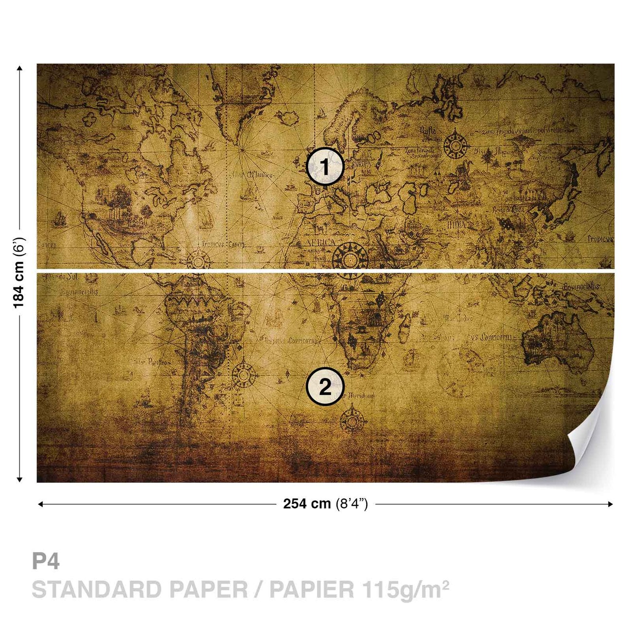 Sepia World Map Vintage Wall Paper Mural | Buy at EuroPosters