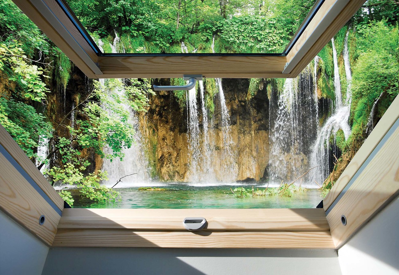 Waterfall 3D Skylight Window View Wall Mural | Buy online at Europosters