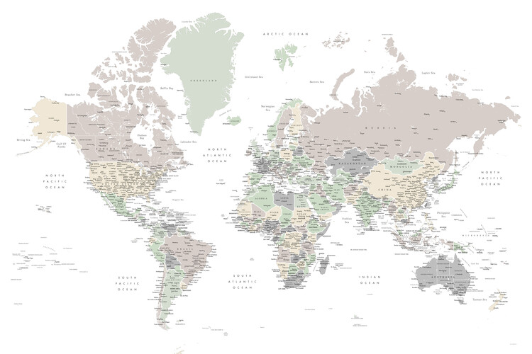 Poster Detailed world map with cities in muted down colors, Anouk ...