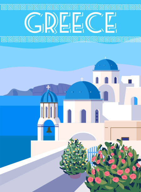 Καλλιτεχνικοί Εικονογράφηση Greece Poster Travel, Greek white buildings ...