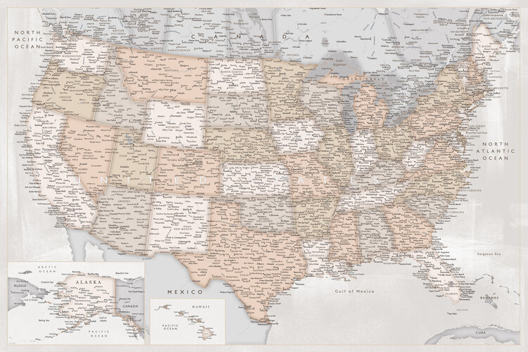 Χάρτης Highly detailed map of the United States in rustic style ...