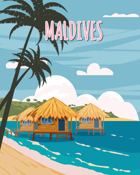 Ilustração artísticos | Maldives tropical resort poster vintage. Beach ...