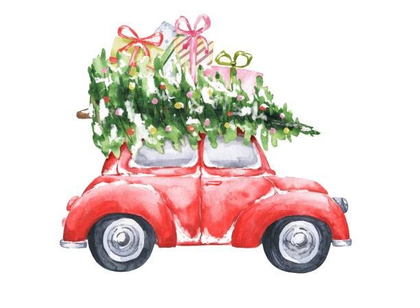 Künstlerische illustrasjon | Watercolor Christmas tree with red car ...