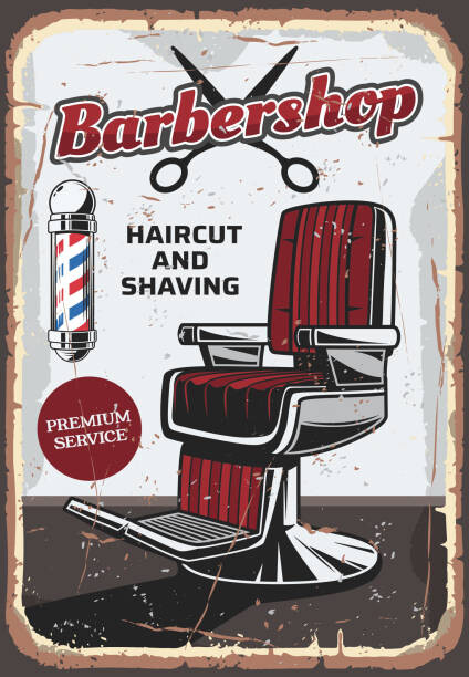 Wall Art Print | Barbershop chair and scissors, retro vector ...