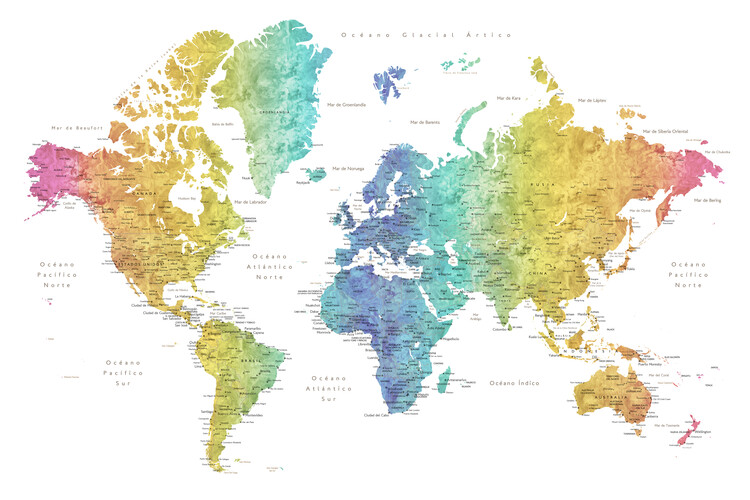 Poster, Quadro World map with labels in Spanish, rainbow watercolor ...