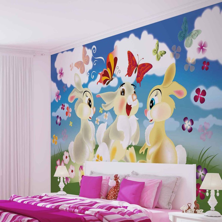 Rabbit Bunny Butterflies Flowers Wall Paper Mural | Buy at EuroPosters